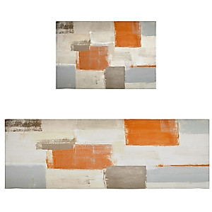 Orange Kitchen Rugs and Mats Set of 2, Orange Brown Beige Non-Skid Soft Absorbent Kitchen Mats Set for Floor, Modern Art Comfort Runner Rug Carpets for Sink, Laundry, Hallway, Dinning Room, Office