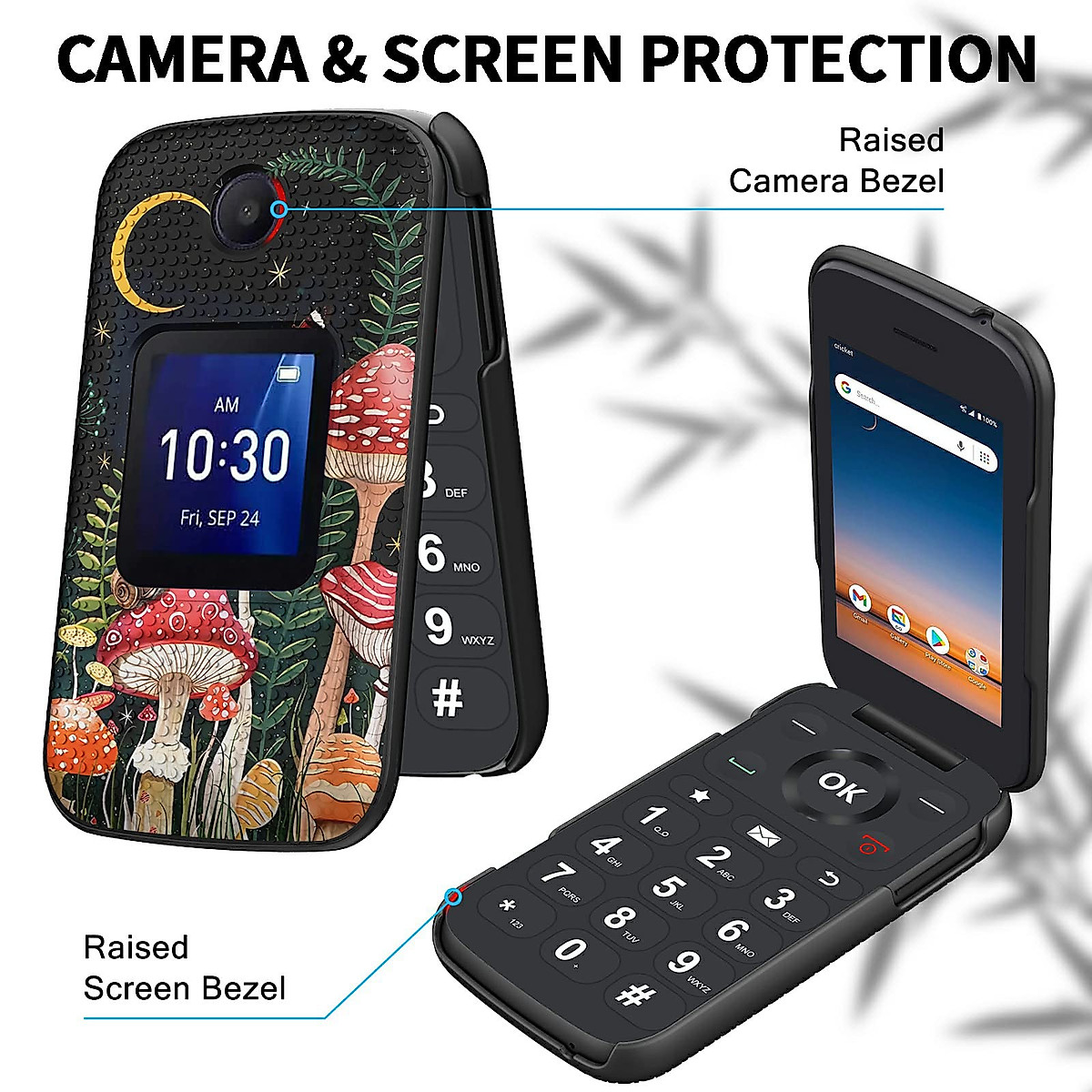 EDGFRTOIO Case for Alcatel Go Flip 4 / TCL Flip Pro/TCL Flip Phone Case with Tempered Glass Screen Protector, Anti-Slip Kickstand Shockproof PC Stylish Cover for TCL Flip Pro, Mushroom Fairy Garden