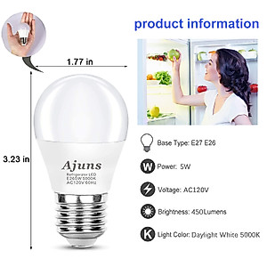 Ajuns LED Refrigerator Light Bulb 40W Equivalent 120V Freezer Waterproof Light Bulbs, Energy-Saving A15 Appliance Fridge Light Bulbs,5W Daylight White 5000K E26 Base, Non-Dimmable 2 Packs