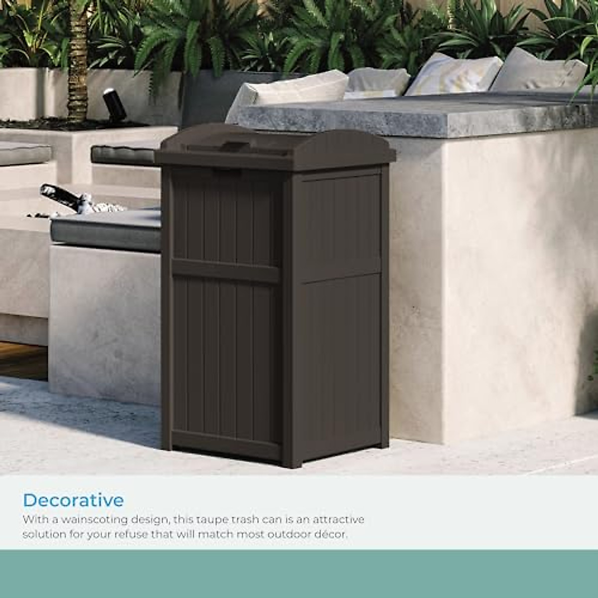 Suncast 33 Gallon Durable Plastic Hideaway Outdoor Garbage Can with Secure Lid and Wicker Design for Home Backyards, Decks, or Patios, Java Brown