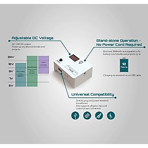 Rechargeable Breadboard Power Supply – 4 to 24V DC Output Power Supply with 2000mAh Rechargeable Battery with USB Charging – Ideal for Labs and Projects in Classroom, Outdoor and Home Schools