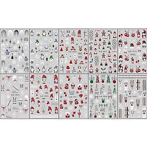JMEOWIO 10 Sheets Glitter Christmas Nail Art Stickers Decals Self-Adhesive Pegatinas Uñas Cute Snowman Snowflake Line Xmas Winter Holiday Nail Supplies Nail Art Design Decoration Accessories