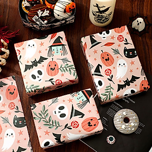 JarThenaAMCS 6 Sheets Halloween Wrapping Paper - Not Roll - Cute Pumpkin Ghost Cat Gift Wrap Paper Folded Flat DIY Craft Paper for Birthday Baby Shower Party Decor, 27.6 x 39.4 Inch