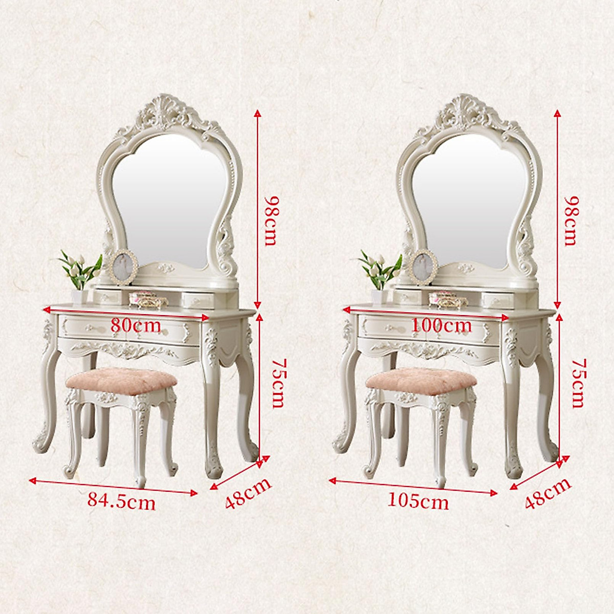 Luxury European Style Makeup Vanity, Vanity Table with Large Mirror and Upholstered Stool, Makeup Table with 4 Drawers, Bedroom Furniture Girls Women Gifts, White