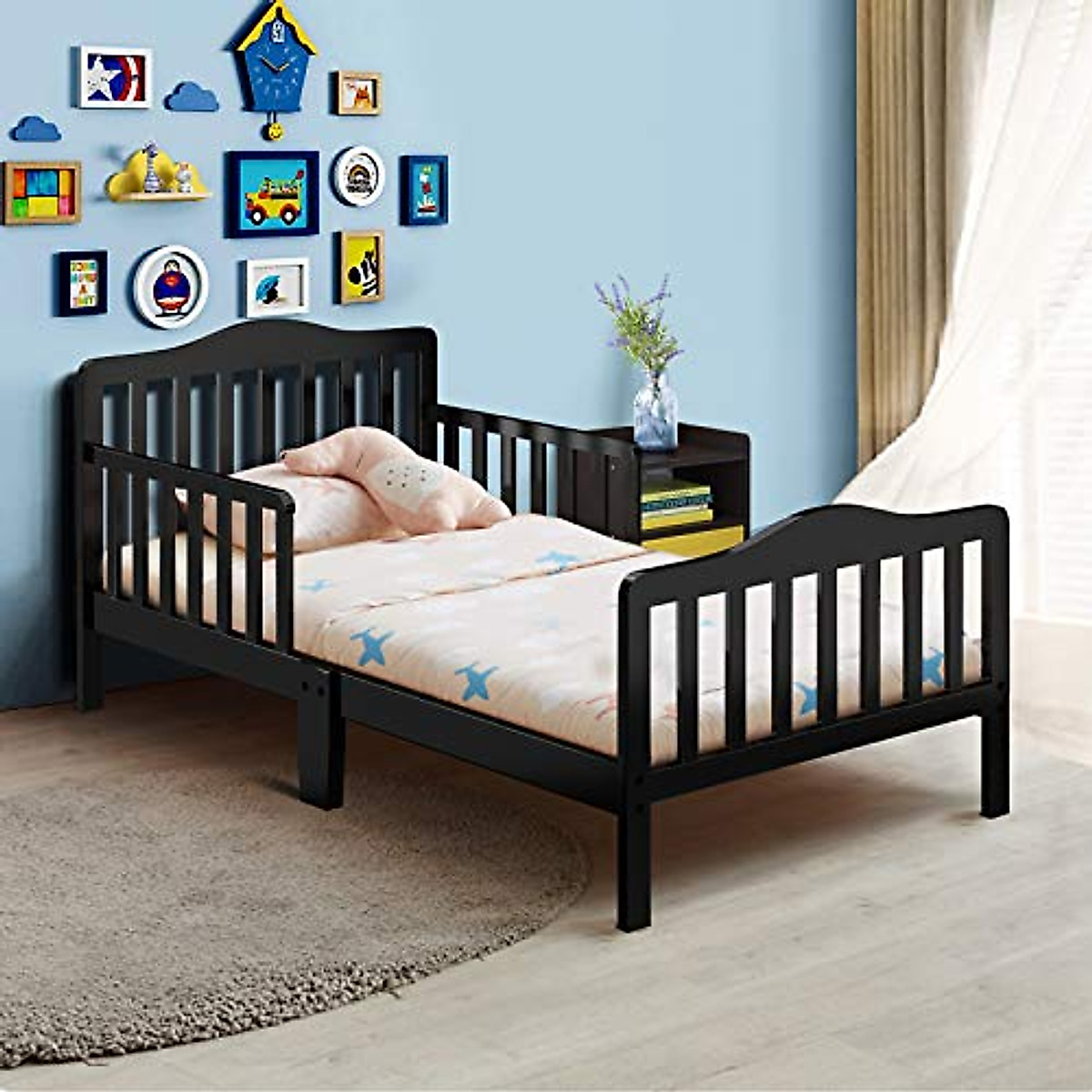 Costzon Toddler Bed, Classic Wood Kids Bed Frame w/Double Safety Guardrail, Low to Floor Design, Wooden Slat Support, Fits Full Size Crib Mattress, Bedroom Furniture for Boys & Girls (Black)