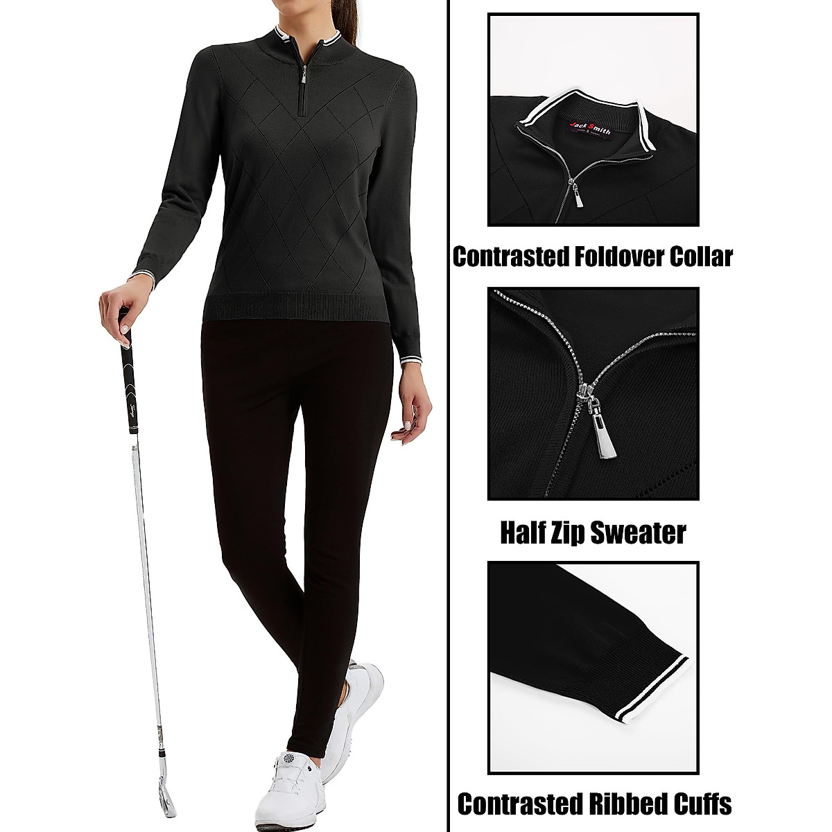 JACK SMITH Black Sweater Women Knit Fall Long Sleeve Argyle Pullover Quarter Zip Ribbed Polo Lightweight V Neck Top L