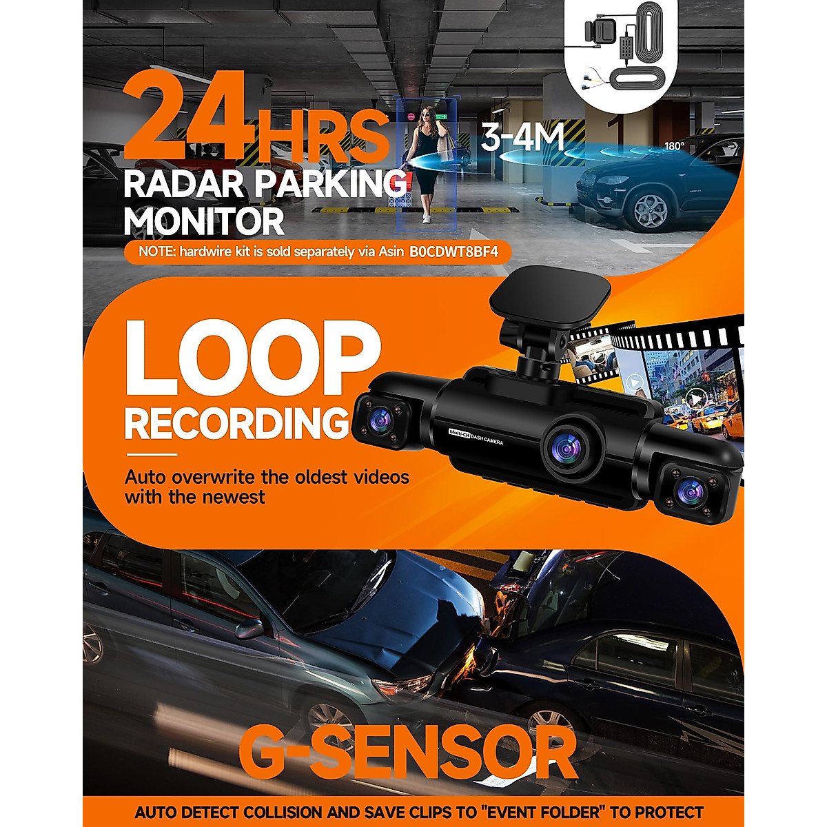 Neideso 360° Dash Cam Car Camera with Hardwire Kit with 24 Hour Radar Detection Parking Monitoring