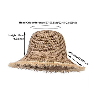 Floppy Straw Sun Hat for Womens Foldable Packable Wide Brim Summer Beach Hat Crochet Frayed Bucket Hat (M, Khaki)