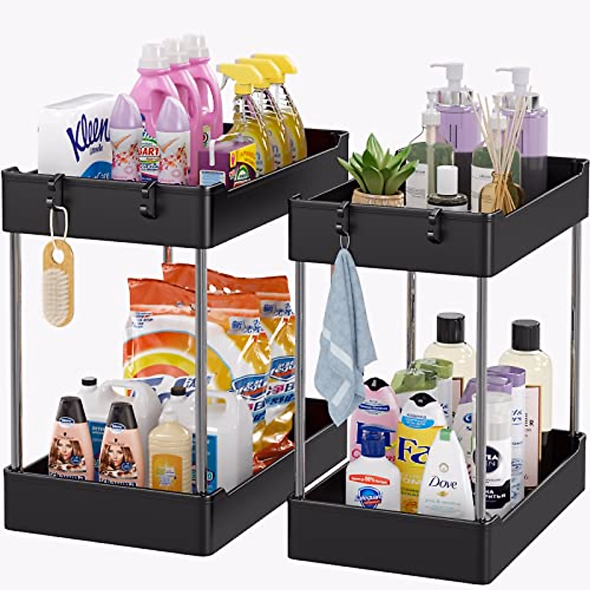 Tailide Under Sink Organizers and Storage (2 Pack), 2 Tier Bathroom Organizer Under Sink, Black Under Kitchen Sink Organizers and Storage, Cleaning Supplies Organizer, Counter Under Cabinet Storage
