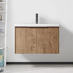 Pvillez Bathroom Vanity with Sink Combo, Floating Vanity Cabinet 30 Inch, Bathroom Vanities, Modern Wall Mounted Concrete Bath Vanity Set with Porcelain Top Storage Cabinet (Imitative Oak 2)