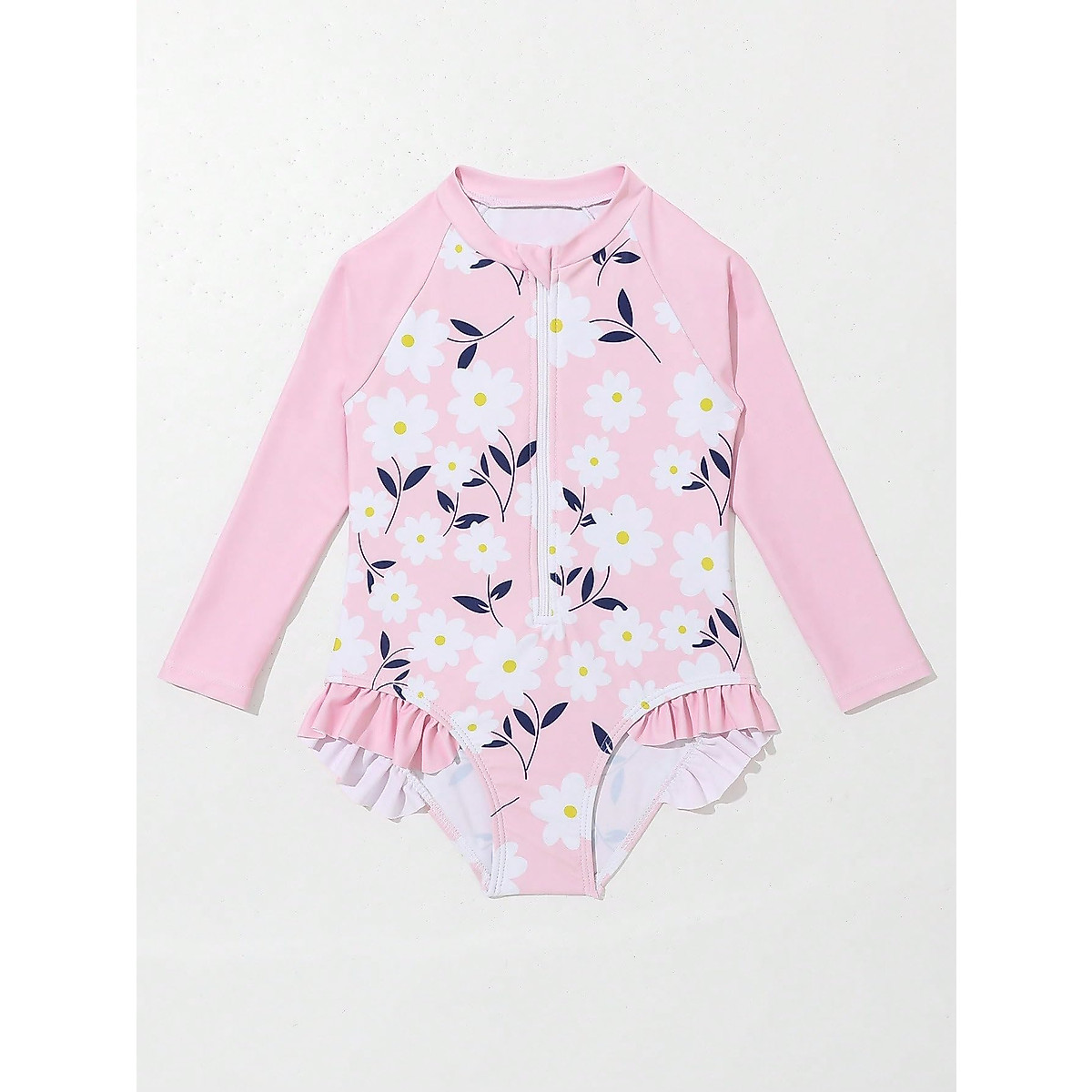 SweatyRocks Girl's Cute Floral Print Long Sleeve Mock Neck Zip Front One Piece Monokini Swimsuit Blue 6Y