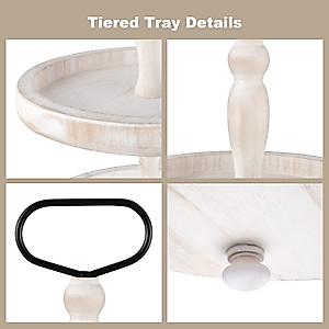 Mustry Rustic Wooden 2 Tiered Tray, Round Farmhouse Kitchen Table Decor Serving Tier Tray, Food Fruits Cupcake Display Coffee Bar Home Party Seasonal Decorations (White)