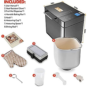 KBS 17-in-1 Bread Maker-Dual Heaters, 710W Bread Machine Stainless Steel with Gluten-Free, Dough Maker,Jam,Yogurt PROG, Auto Nut Dispenser,Ceramic Pan& Touch Panel, 3 Loaf Sizes 3 Crust Colors,Recipes