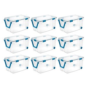 Sterilite 120 Qt Wheeled Gasket Box, Stackable Storage Bin with Latching Lid, Handle and Tight Seal, Plastic Container with Clear Base and Lid, 9-Pack