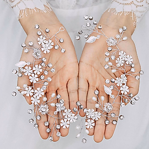 Unsutuo Flower Bride Wedding Headbands Silver Crystal Bridal Headpieces Leaves Hair Vine for Women and Girls (Silver)