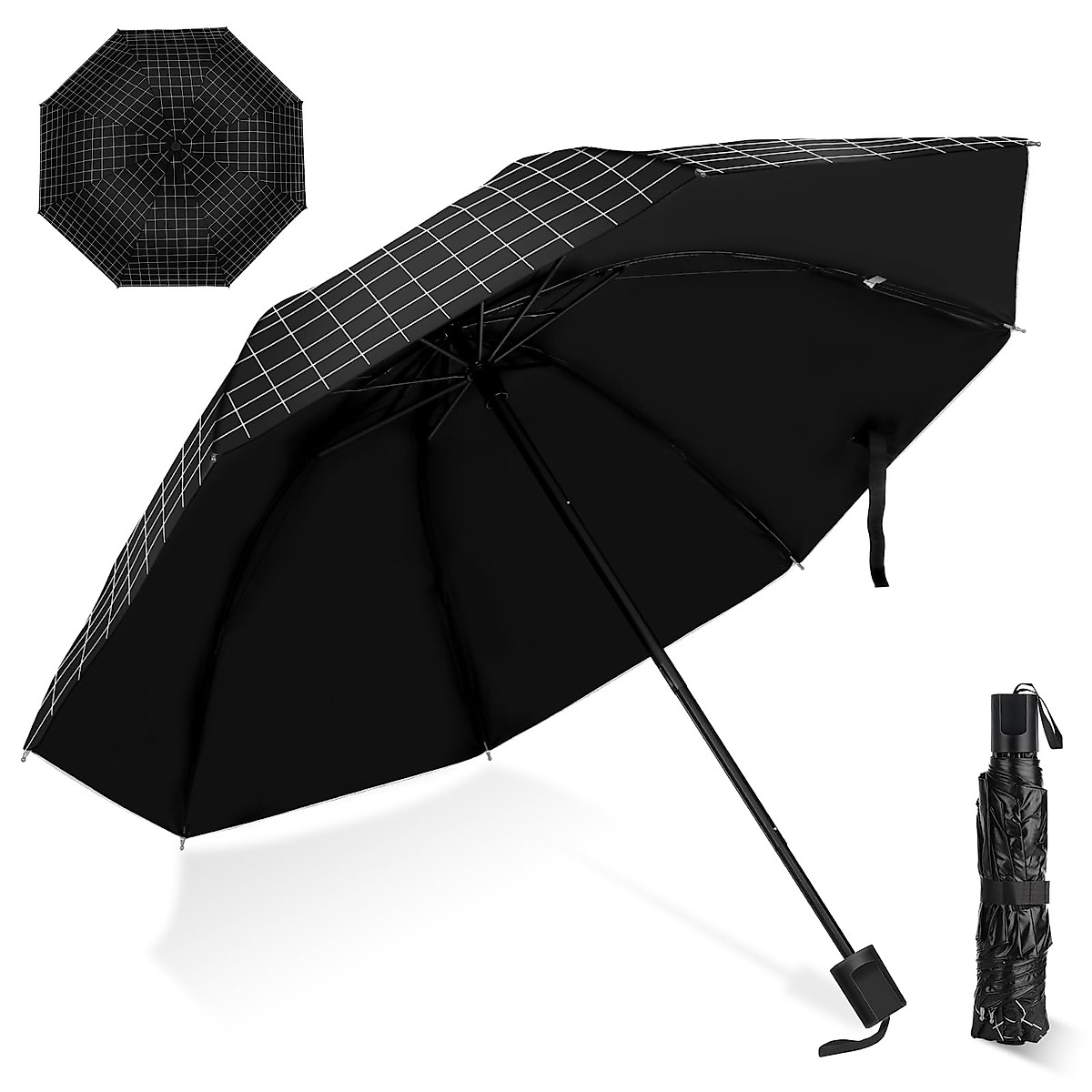 BUKPUD Large Compact Travel Umbrella, Windproof Waterproof Stick Umbrella Anti-UV Protection, Three Folding Umbrella for Backpack - Portable Black Folding Umbrella for Men and Women Kids Adults