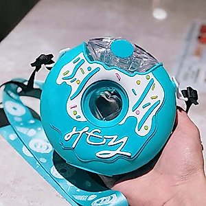 JHTPSLR Kawaii Donut Water Bottle with Straw for Kids Girls Cute Portable Doughnut Kettle with Strap BPA Free Leak Proof Water Cup for School Travel Sports Outdoor Recreation (Blue)