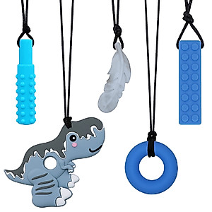 Chew Necklaces for Sensory Boys, Chewy Necklace Sensory Kids with ADHD, SPD, Teething, Biting Needs, Silicone Chew Toys for Autism Kids Reduce Fidget, Toddler Adult Chew Necklace 5 Pack (Grey)