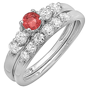 Dazzlingrock Collection 18K Ruby & White Diamond Bridal 5 Stone Engagement Wedding Ring Set, White Gold, Size 6.5