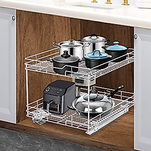 BONADOM 2 Tier Pull Out Cabinet Organizer(21''Dx17''W) Heavy Duty Slide Out Drawers for Kitchen Cabinets Storage Roll Out Shelf Rack Storage for Pots, Pans, PullOut Cupboard Organizer