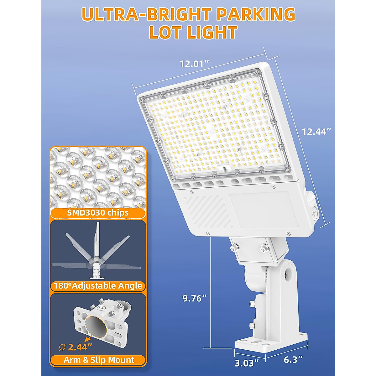 200W LED Parking-Lot-Light Arm & Slip Fitter, UL & DLC Listed 28000LM 5000K Parking Lot Light with Photocell, IP65 Commercial Street Pole Lights AC100-277V for Driveways, Roadway Lighting (White)