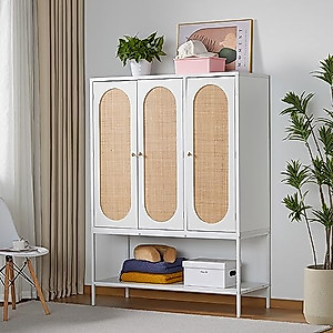 LEVNARY Large Armoire Wardrobe Closet with 3 Doors, Rattan Wardrobe Cabinet with Shelves and Hanging Rail for Clothes, Freestanding Wooden Closet for Bedroom, White (47.24" W x 18.89" D x 62.99" H)