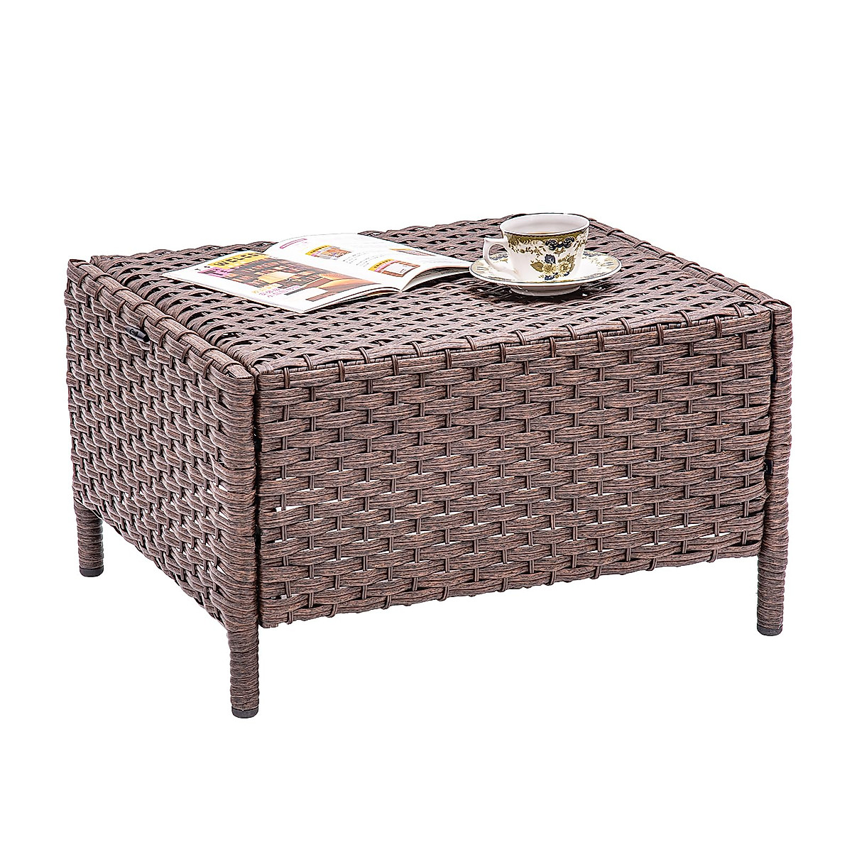 Buenhomino 2 Pieces Outdoor Patio Ottoman - All-Weather Rattan Wicker Footstool with Removable Cushions, Ideal for Patio, Deck, Garden, Porch - Brown/Blue