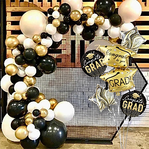 5pcs Graduation Theme Balloon Bouquet Set丨Golden Graduation Hat Foil Balloons丨Black Gold Marble Heart Balloons丨Congratulations Grad Round Balloons for Graduation Season We Are Proud of You Decoration