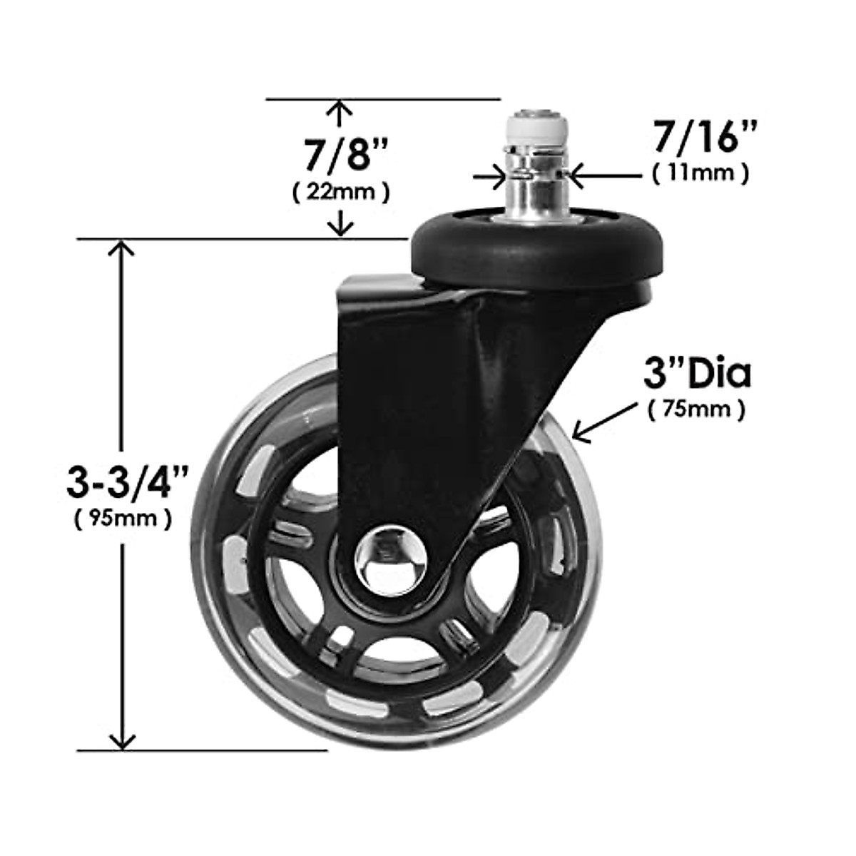 Slipstick CB690 Floor Protecting Rubber Office Chair Caster Wheels (Set ff 5), Roller Style, Universal 7/16" Stem, 3" Black Castors