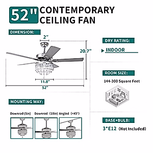 YITAHOME Chandelier Ceiling Fan with Remote, 52 Inch Crystal Fan Light, Indoor Fan Ceiling with 3 Speed, Silent Reversible Motor, Dual-sided Blades, Timer, Balance Kit - Chrome