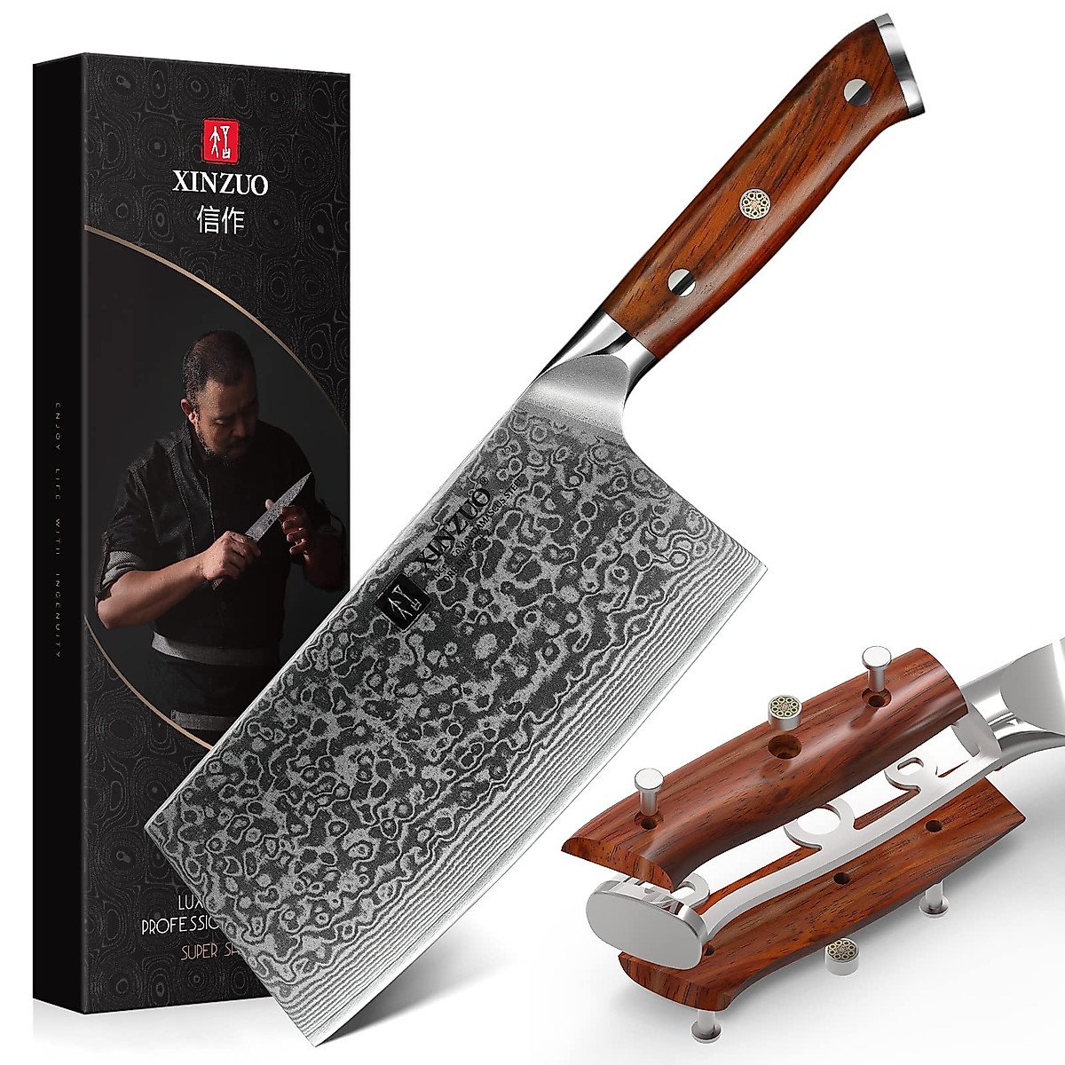 XINZUO Cleaver Knife, Damascus Steel 7 Inch Chinese Chef Knife Professional Butcher Knife Sharp Kitchen Knife Meat Vegetable Knife, Ergonomic Rosewood Handle-Yu Series