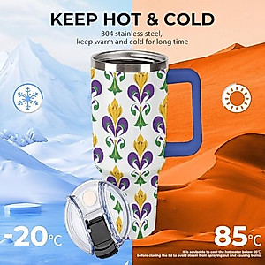 Mardies Grass De Lis 40 Oz Tumbler Insulated Stainless Steel Water Bottle Travel Mug Car Cup with Handle And Straw