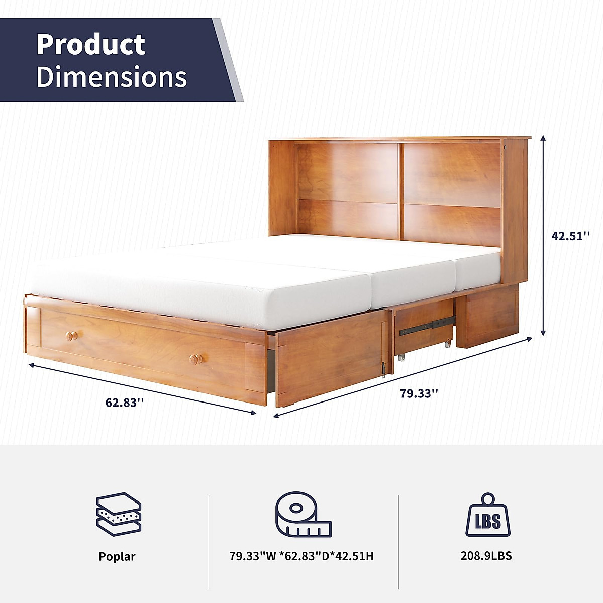 ijuicy Queen Size Murphy Bed, Queen Murphy Cube Cabinet Chest Bed with 3 Level Folding Memory Foam Mattress & USB Charging Station& Large Drawers (Russet Brown,Poplar)