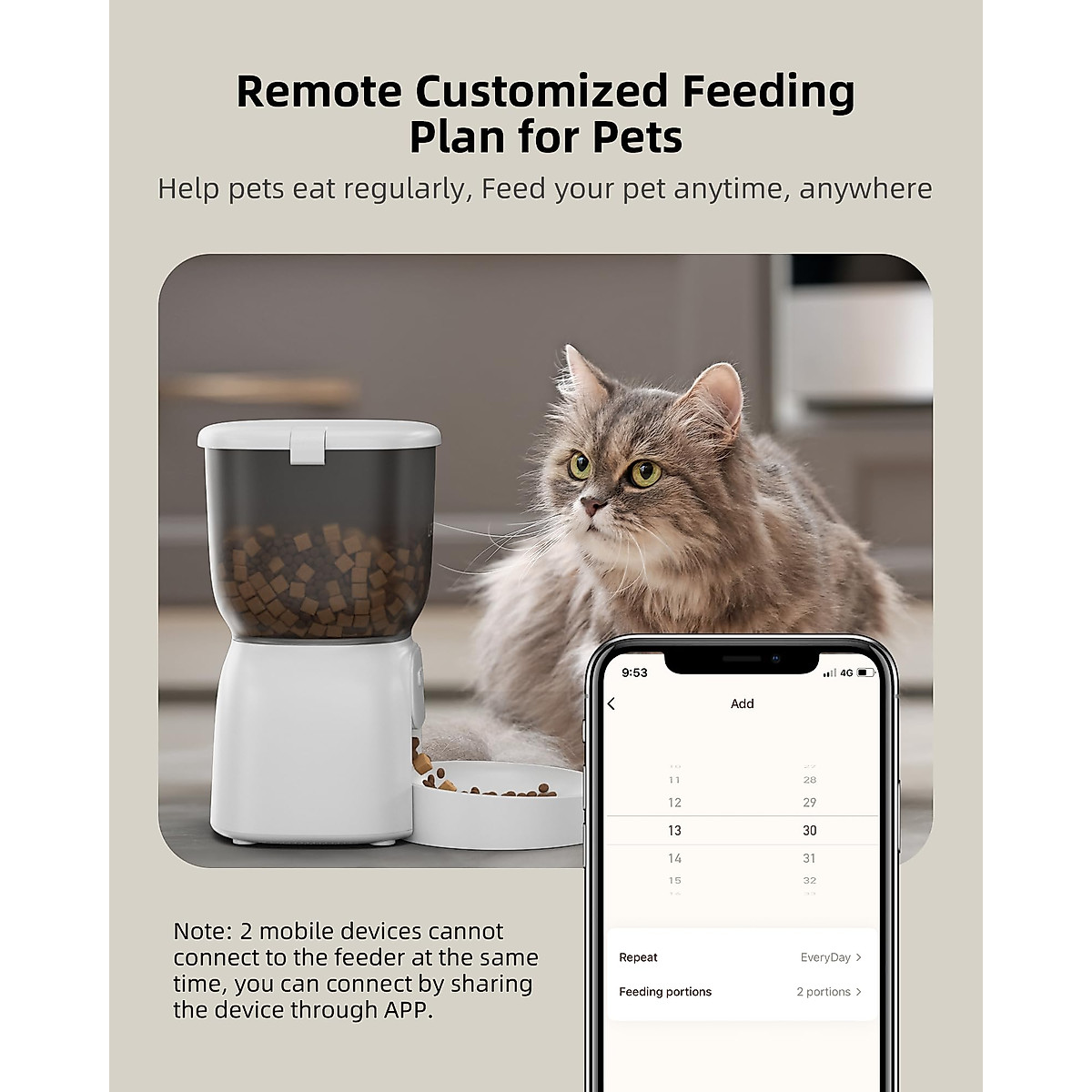 LAMPICK Smart Automatic Cat Feeder - WiFi Cat Food Dispenser with APP Control Up to 15 Portions((8g/Portion) 10 Meals Per Day, Dual Power Supply Pet Feeders for Cats/Dogs (4L/16.9 Cups)
