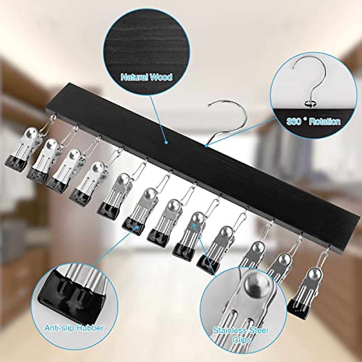 Legging Organizer for Closet, DIGHEIGG Pants Hangers Space Saving Wooden Hangers with 24 Clips for Leggings/Pants/Jeans/Scarf/Skirt, 360°Roatable Hook, Closet Organization Storage, 2 Pack