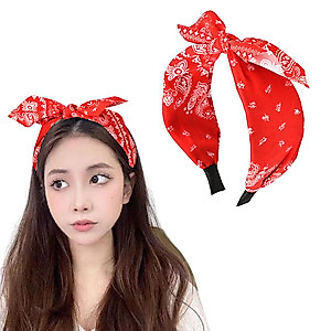 Red Boho Paisley Bandana Hair Bands with Knotted Bow and Rabbit Ear Headbands for Women and Girls - Non-Slip Headbands