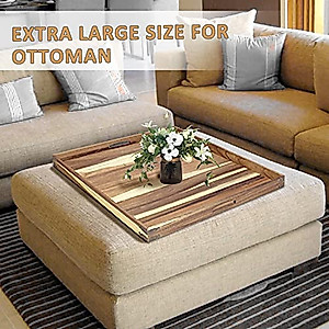 Ottoman Tray, EXISTING Acacia Wood Serving Tray with Handles, Large Ottoman Tray for Living Room, Kitchen, Bed, Coffee Bar Decor,Party, Solid Wood Non-Warping Square Tray - 23x23 Inches