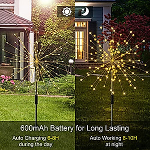 Outdoor Solar Garden Lights, 4 Pack Christmas Solar Firework Lights Waterproof 8 Modes Decorative Stake Landscape Lights DIY Flowers Fireworks for Garden Pathway Lawn Party (Warm)