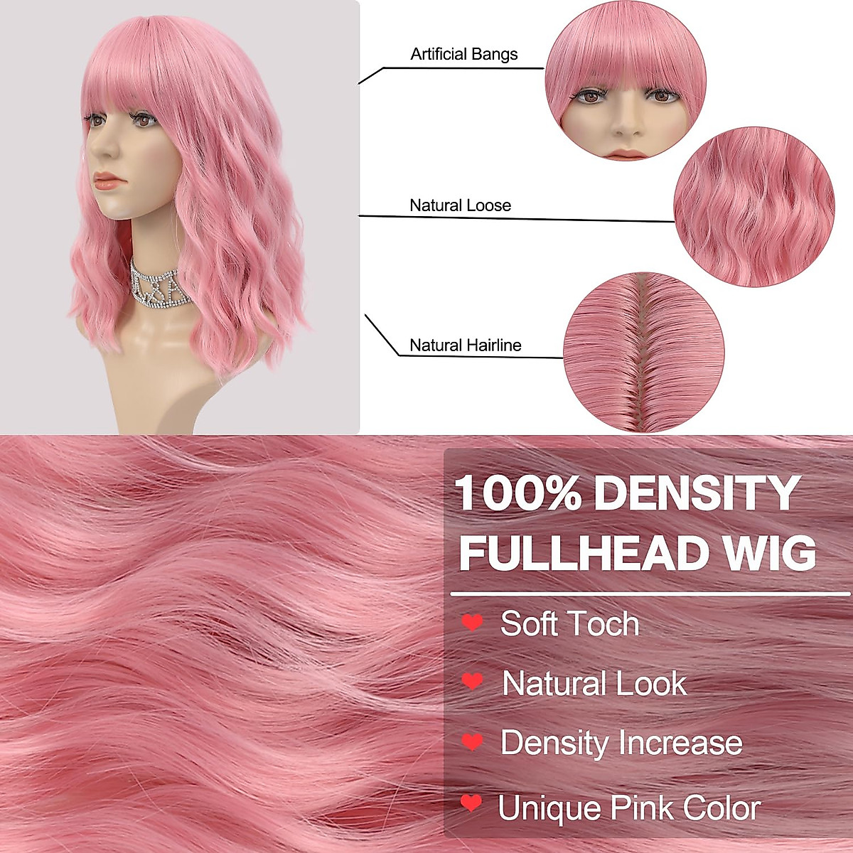 Ariqutba 14 Inch Pink Wigs for Women Pastel Synthetic Wavy Wig with Bangs Glueless Loose Curly Wig Shoulder Length Cosplay Bob Wig for Girls Daily Party Use Colorful Wigs