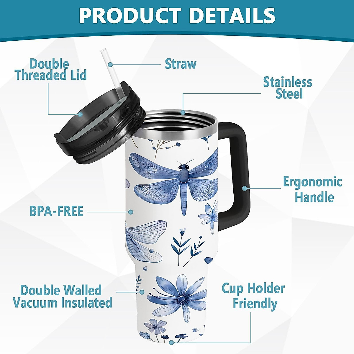 FRCSDIY Beautiful Flowers Insulated Tumbler with Handle and Straw Lid,30oz Leakproof Stainless Steel Cup BPA-Free Water Bottle