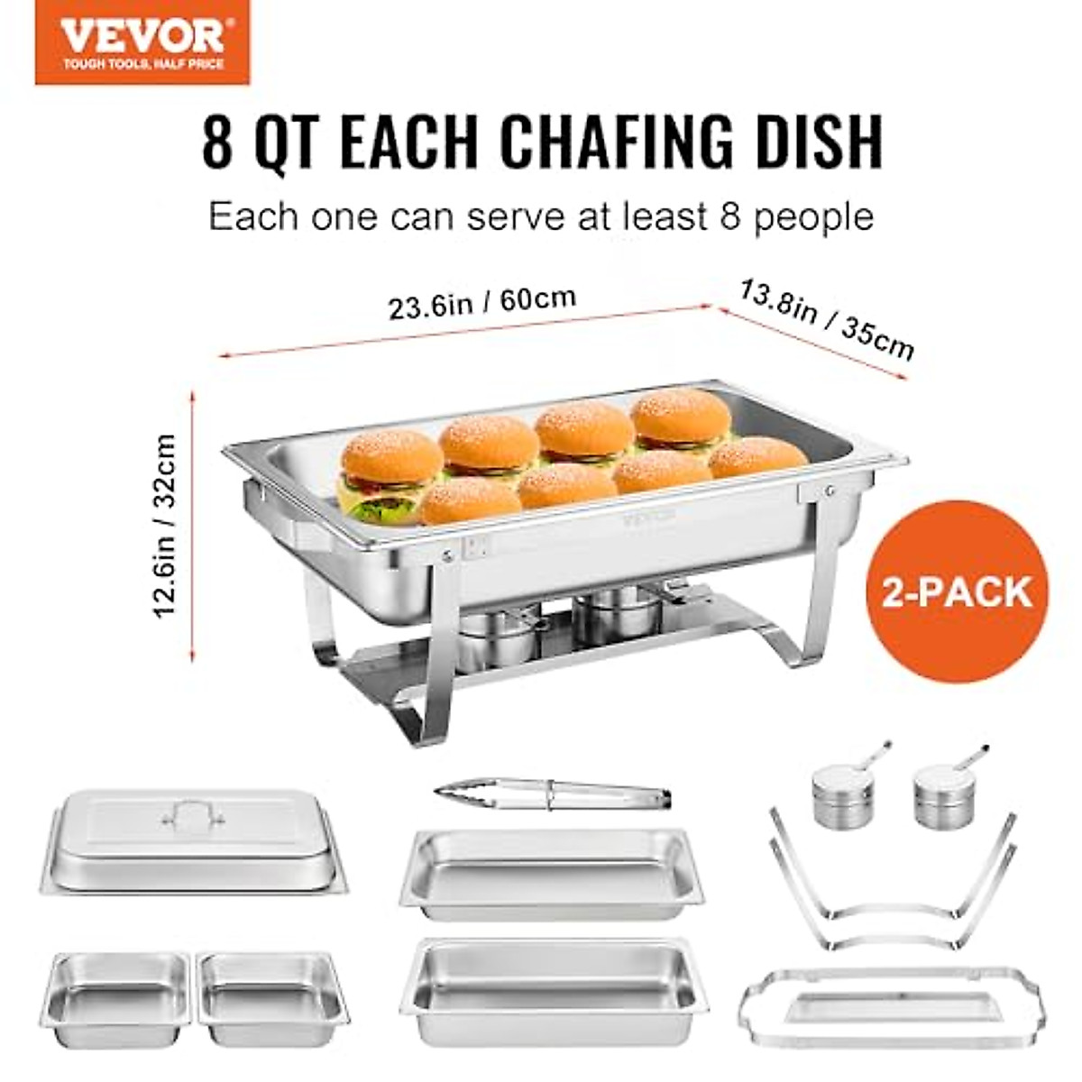VEVOR Chafing Dish Buffet Set, 2 Pack 8 Qt, Stainless Chafer w/ 2 Full & 4 Half Size Pans, Rectangle Catering Warmer Server w/ Lid Water Pan Folding Stand Fuel Tray Holder Clip, at Least 8 People Each