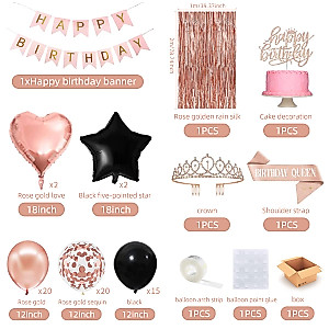 Birthday Decorations for Girl Women - Birthday Crown, Sash, HAPPY BIRTHDAY Banner , Cake Topper for Girl Women 18th 19th 21st 33th 40th 50th 60th 70th Birthday Decorations for Her Rose Gold