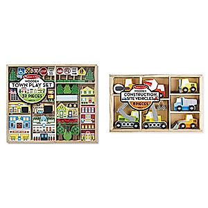 Melissa & Doug Wooden Town Play Set & Wooden Construction Site Vehicles