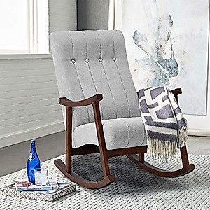 AVAWING Upholstered Rocking Chair with Fabric Padded Seat,Comfortable Rocker Solid Wood for Living Room,Modern High Back Armchair,Adult Single Sofa,Old Man Chair (Grey)