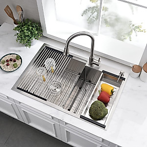 33 Inch Drop in Kitchen Sink Double Bowl Splash Guard Workstation - 33 Inch Topmount Stainless Steel Kitchen Sink 16 Gauge Stainless Steel 10'' Deep Handmade Kitchen Sink with Cutting Board& Strainer