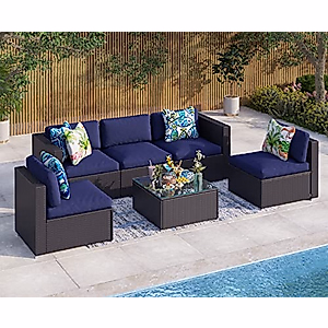 MFSTUDIO 6 Piece Patio Rattan Furniture Set Outdoor Wicker Sectional Sofa Conversation Set,Navy Blue Cushions