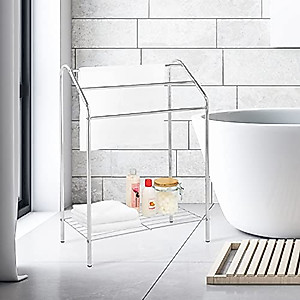 MyGift Silver Chrome Metal Freestanding Towel Rack for Bathroom Laundry Room Spa with 3 Tiered Bars and Storage Shelf, Clothes and Towel Drying Rack Stand