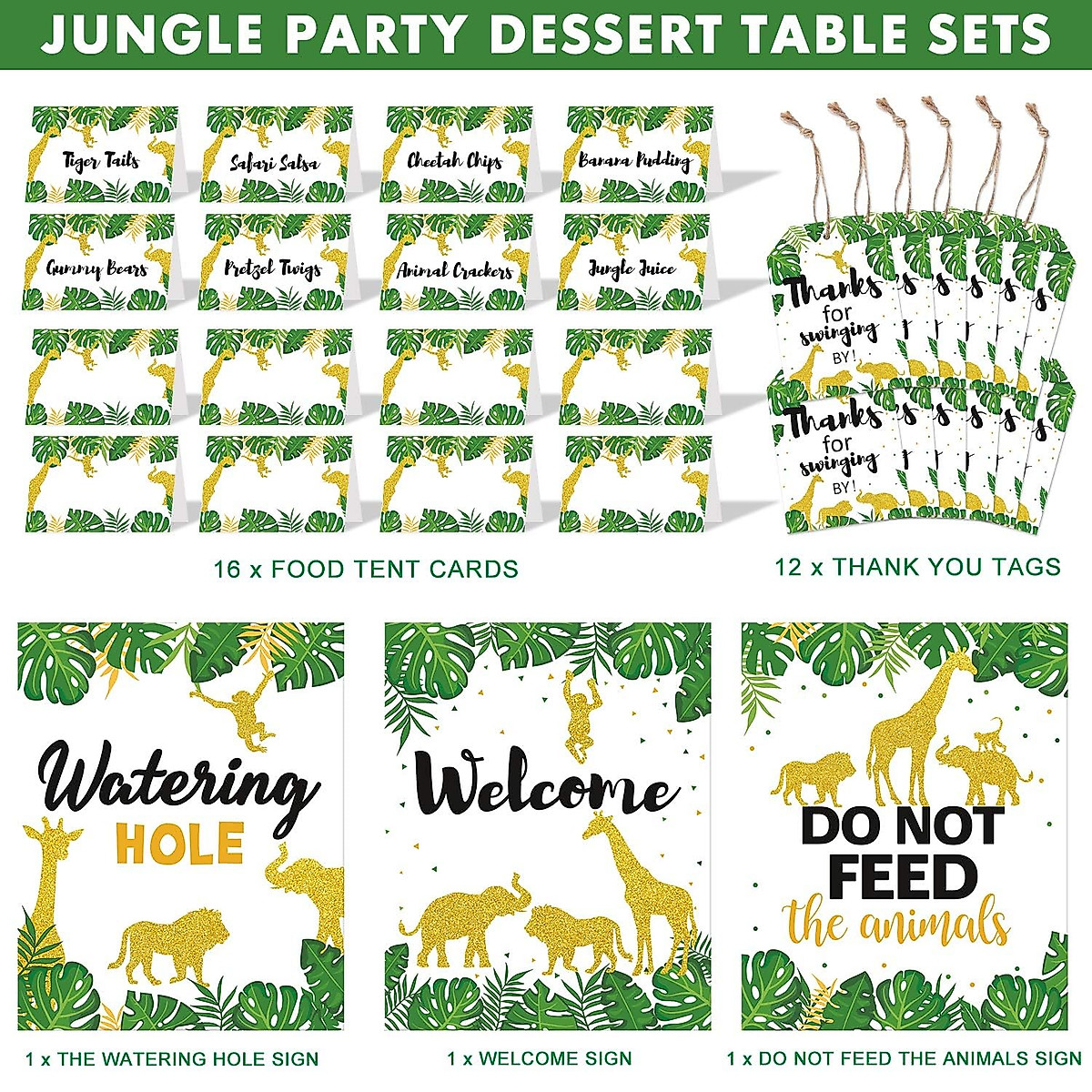 Bessmoso Gold Safari Party Favors Decorations Tropical Jungle Animals Dessert Table Set Welcome Sign Food Labels Cards Thanks Tags Jungle Safari Animals Wild Birthday Party Supplies