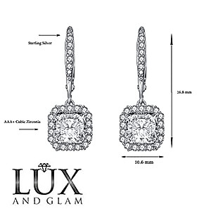 Bridal Simulated Diamond CZ Halo Drop Earrings by Lux and Glam Jewelry - Heart, Round, Square and Triangle Shape (Square - White Gold)