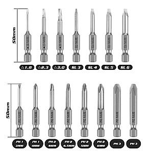 15 Piece Slotted Phillips Triangle Screwdriver Bit Set, 1/4 Inch Hex Shank S2 Steel Magnetic 2 Inch Long Drill Bits